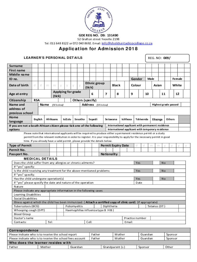 Fillable Online Sheikh Anta Diop College Admission Application Fax ...
