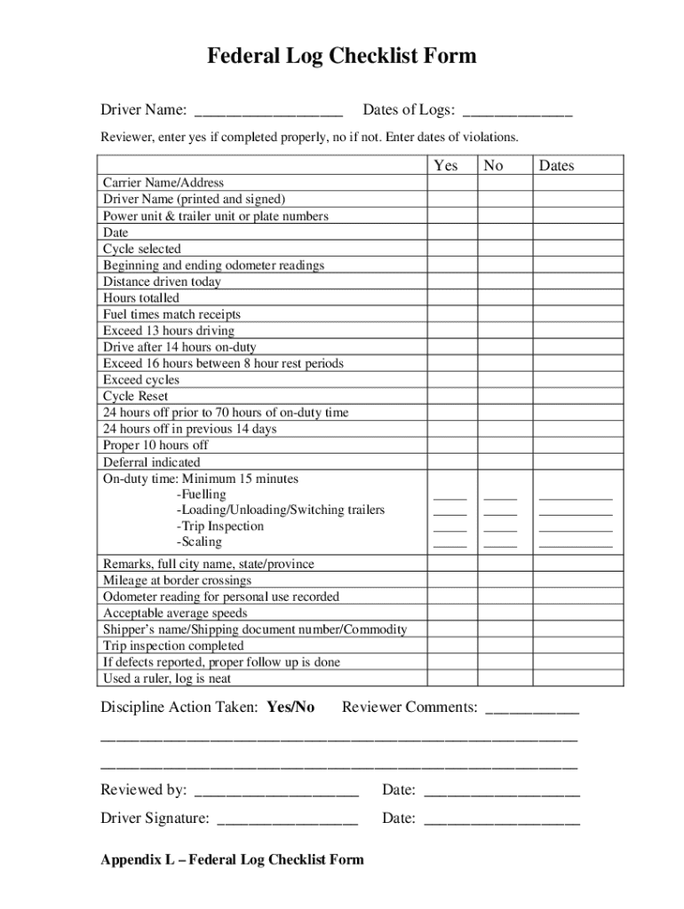 Fillable Online Appendix L - Federal Log Checklist Form Fax Email Print ...