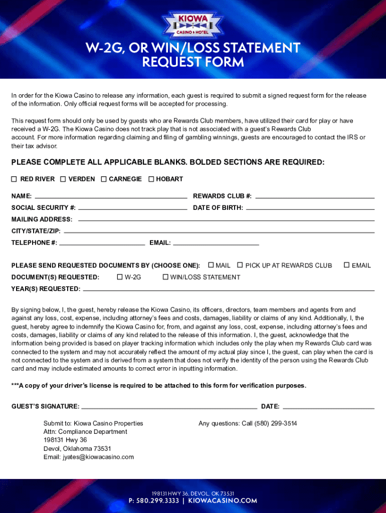 Fillable Online W-2G, OR WIN/LOSS STATEMENT REQUEST FORM Fax Email ...