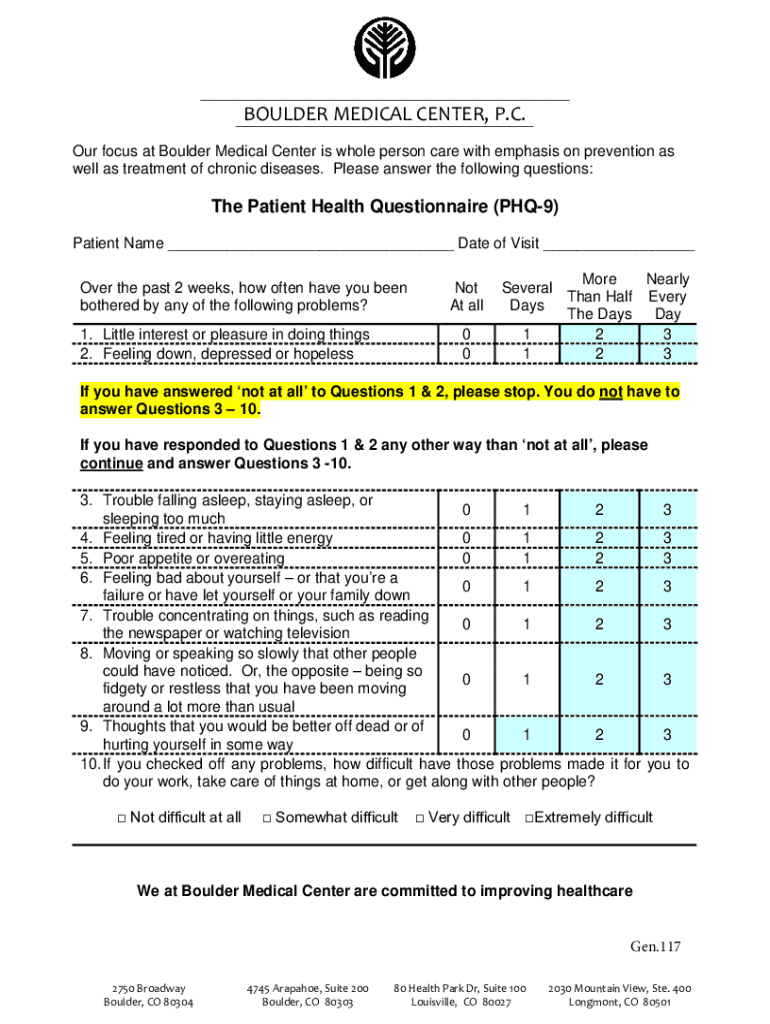 Fillable Online Patient Health Questionnaire for Depression Assessment ...