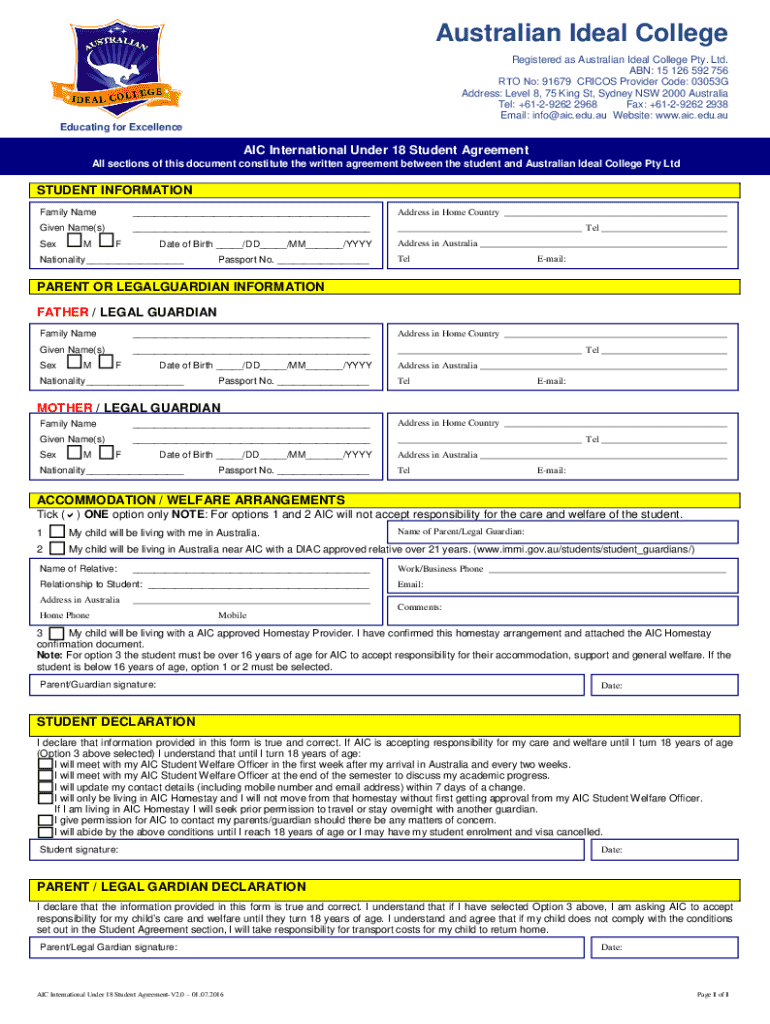 Fillable Online Aic International Under 18 Student Agreement Fax Email Print - pdfFiller