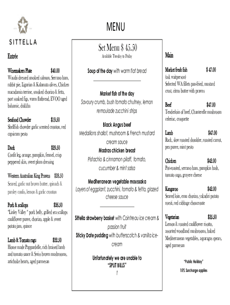 Fillable Online Sittella Winery - Restaurant - Menu Fax Email Print ...
