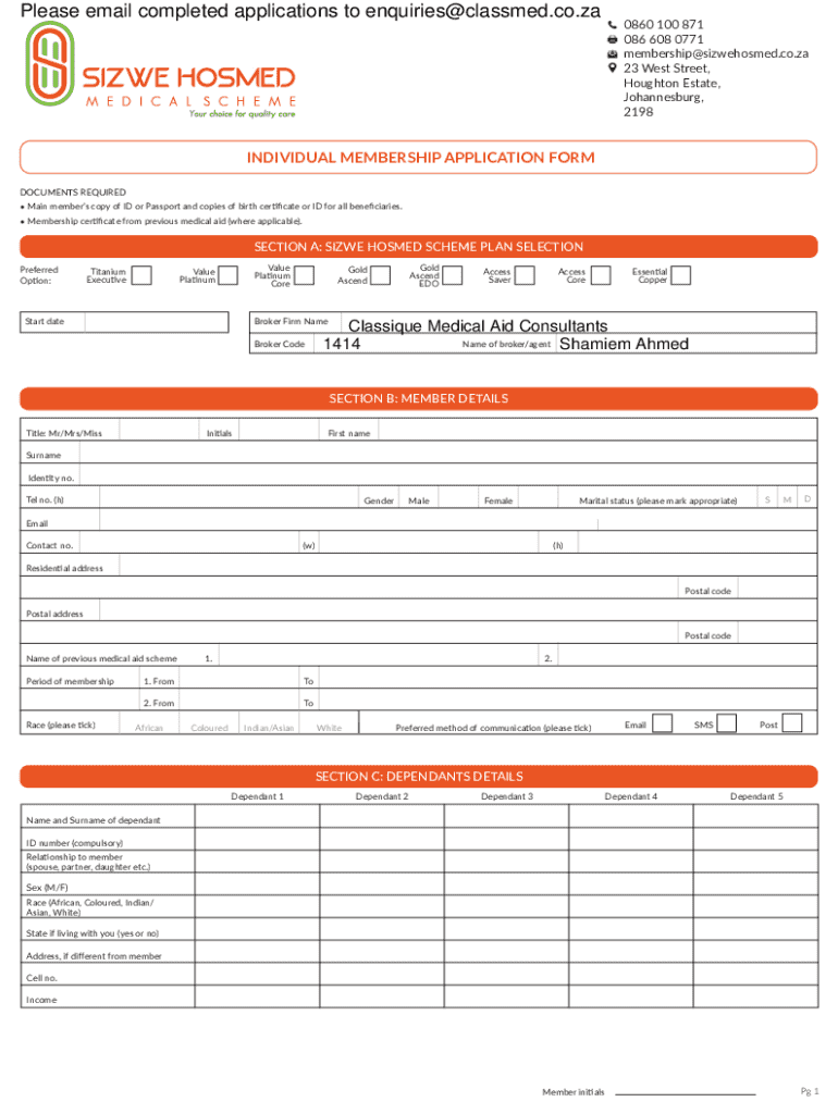 Fillable Online Sizwe Hosmed Individual Membership Application Form Fax ...