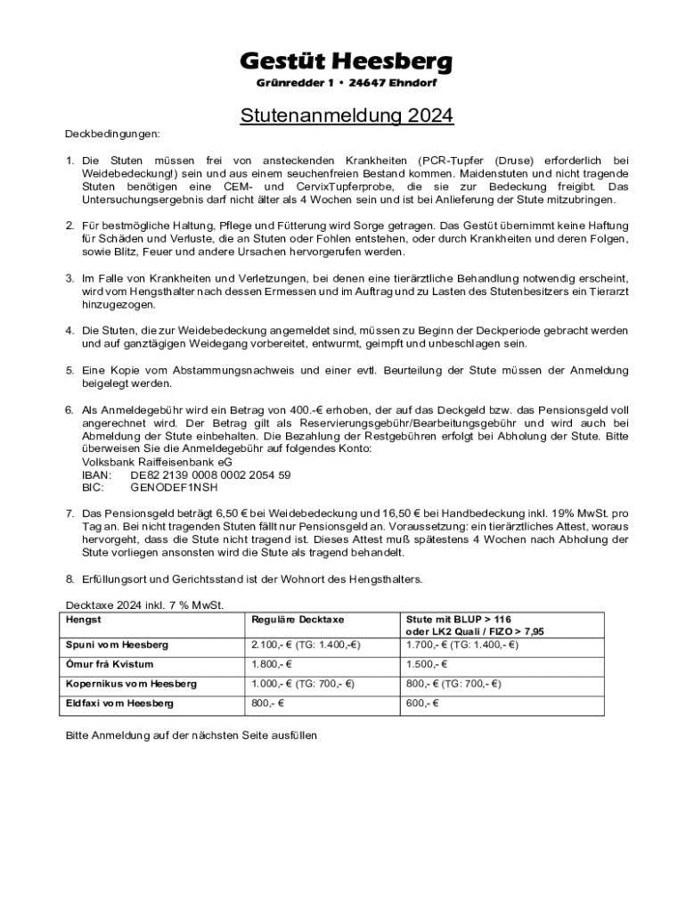 Ausfüllbares Online Die Stuten mssen frei von ansteckenden Krankheiten ...