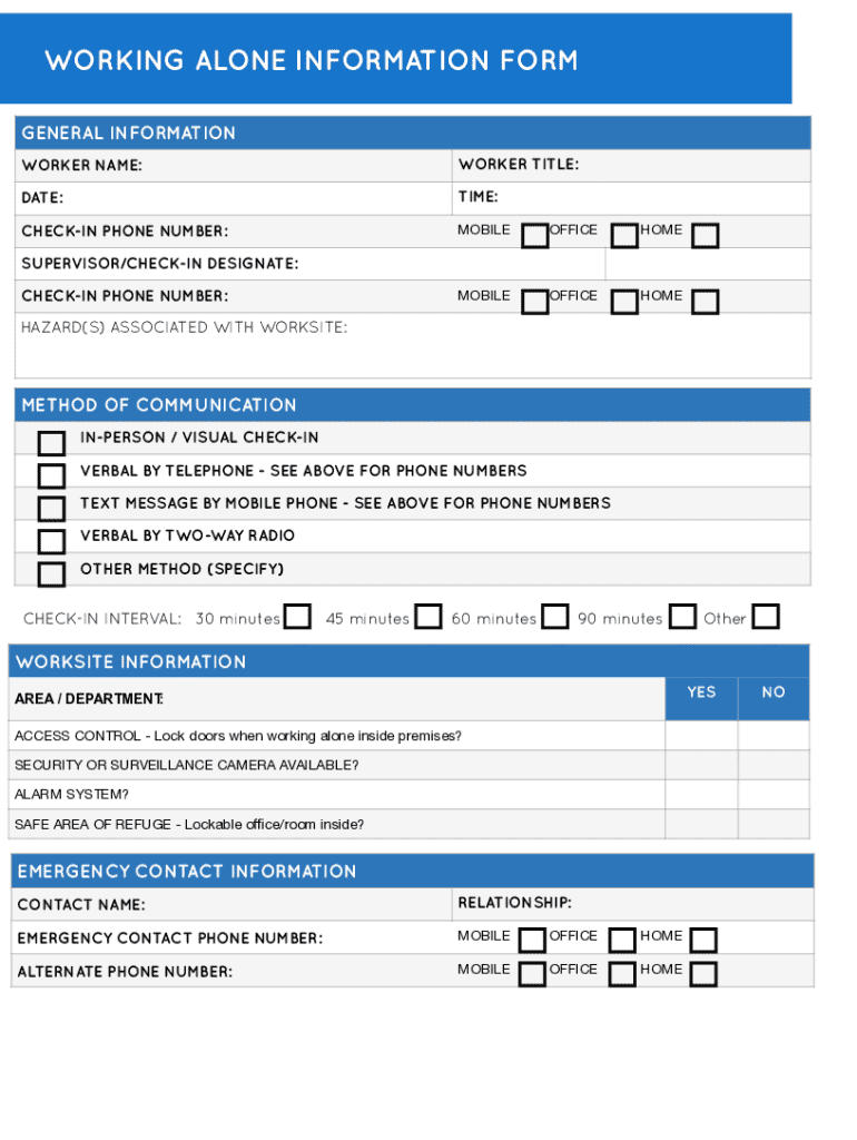 Fillable Online Working Alone - Check-in Procedure Template Fax Email ...