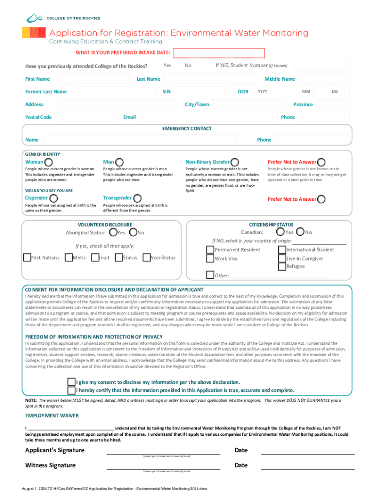Fillable Online Application for Registration: Environmental Water ...