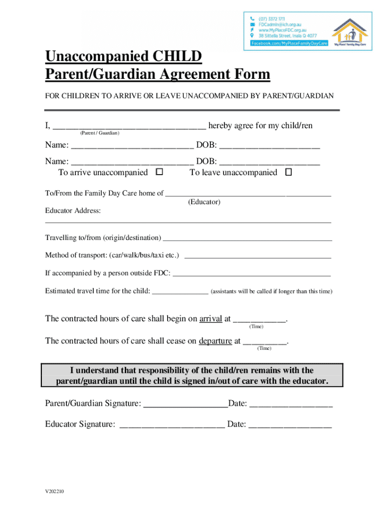 Fillable Online Unaccompanied CHILD Parent/Guardian Agreement Form Fax ...