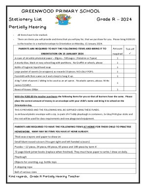 Fillable Online Greenwood Primary School - Grade R Stationery List Fax ...
