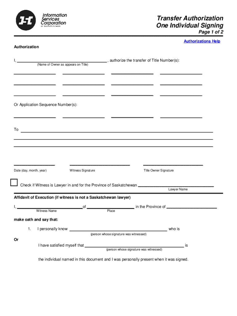 Fillable Online Transfer Authorization One Individual Signing Page 1 of ...