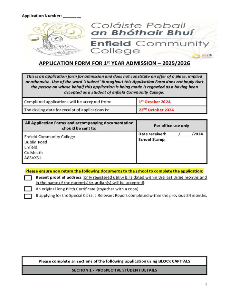 Fillable Online Application Form for 1st Year Admission – 2025/2026 Fax ...