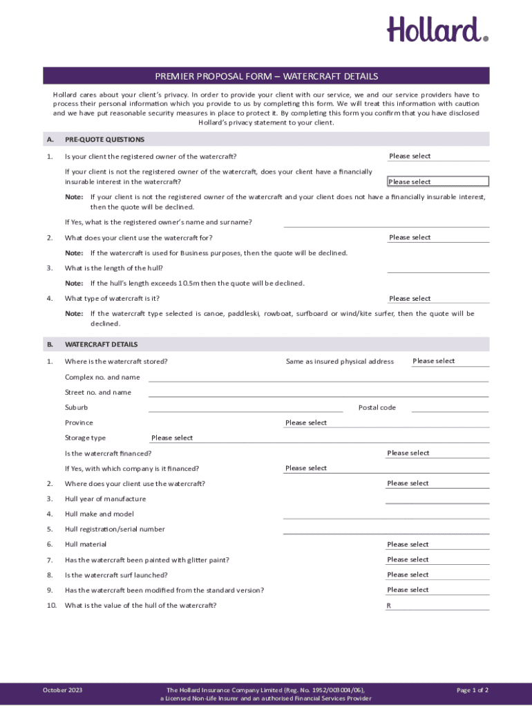 Fillable Online PREMIER PROPOSAL FORM WATERCRAFT DETAILS Fax Email Print - pdfFiller