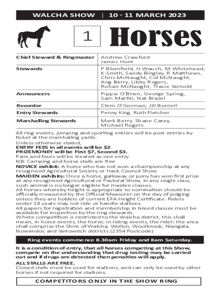 Fillable Online Walcha Show 2023 - Horse Events Fax Email Print - pdfFiller