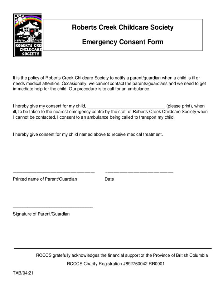 Fillable Online Roberts Creek Childcare Society Emergency Consent Form Fax Email Print - pdfFiller