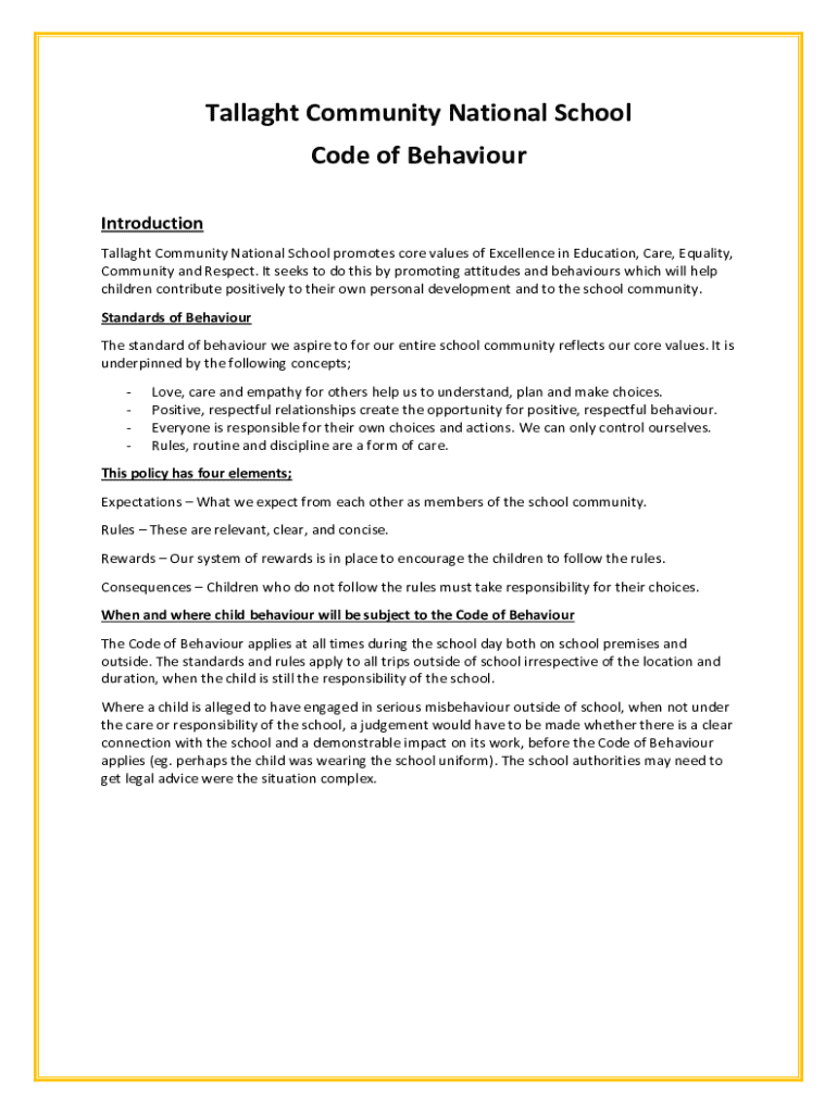 Fillable Online Tallaght Community National School Code of Behaviour ...