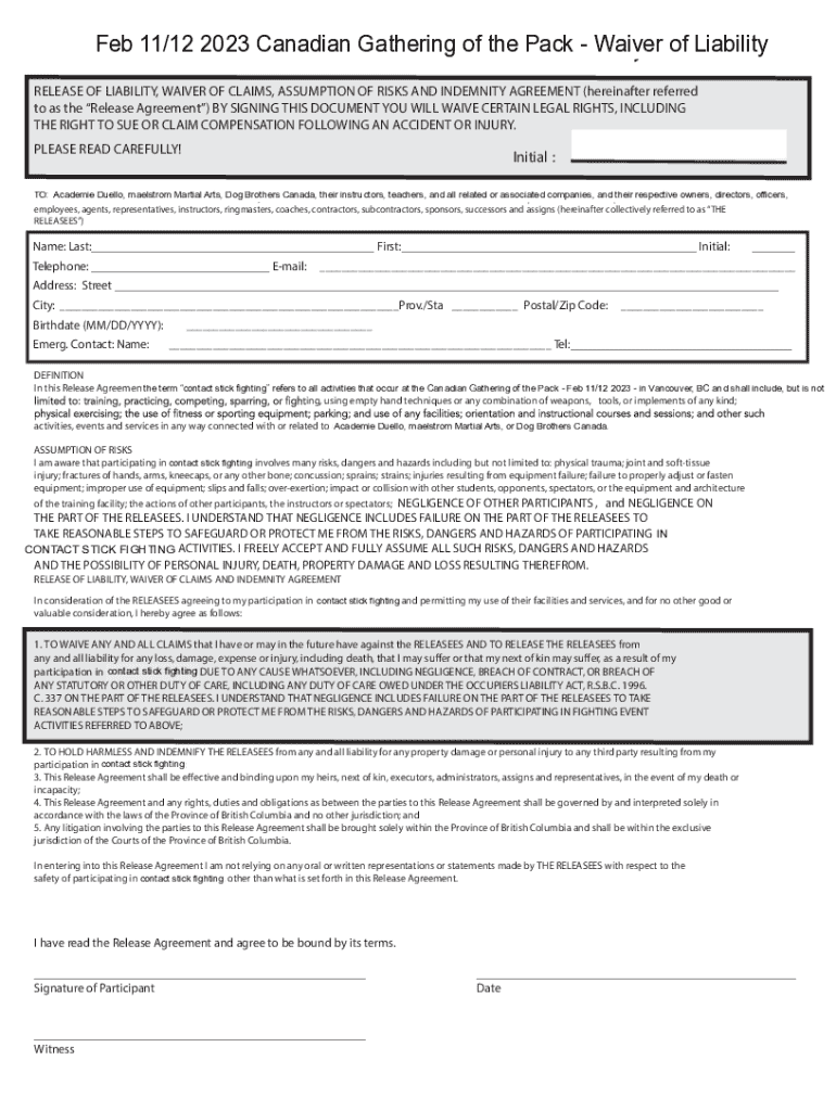 Fillable Online Release of Liability and Assumption of Risks Agreement ...