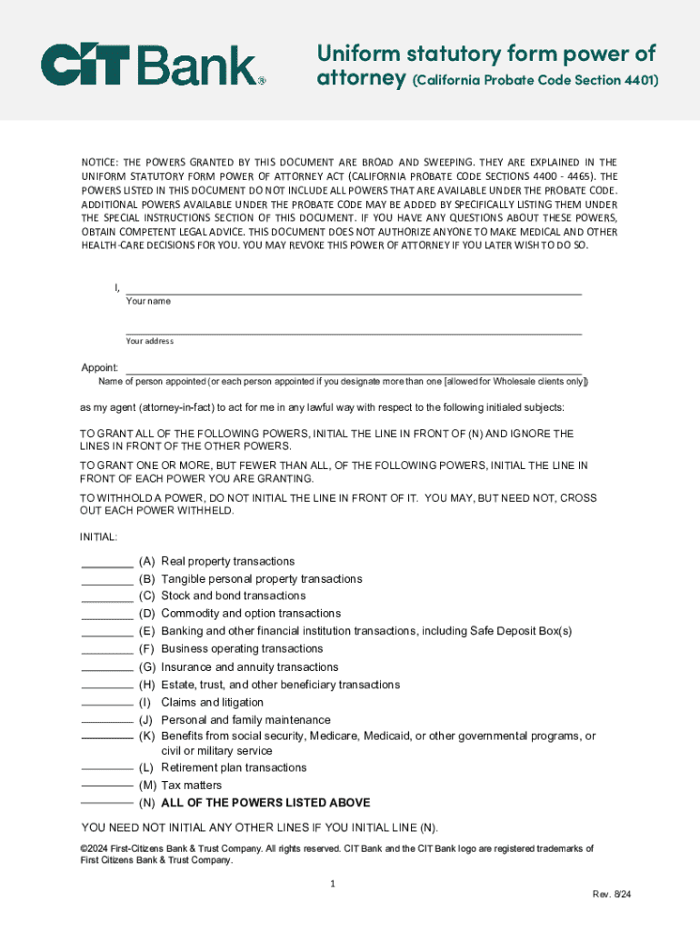 Fillable Online Uniform Statutory Form Power of Attorney (california ...