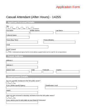 Fillable Online Application Form for Casual Attendant (after Hours ...