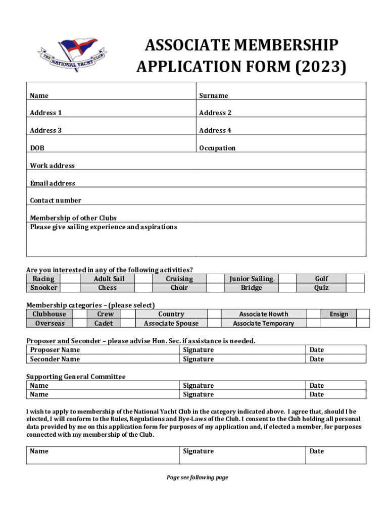 Fillable Online National Yacht Club Associate Membership Application (2023) Fax Email Print ...