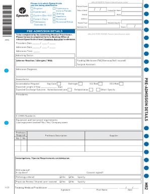Fillable Online Epworth Pre-admission Details Fax Email Print - pdfFiller