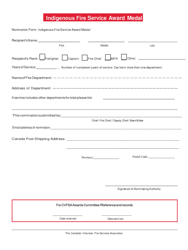 Indigenous Fire Service Award Medal Nomination Form - Blank Fillable ...