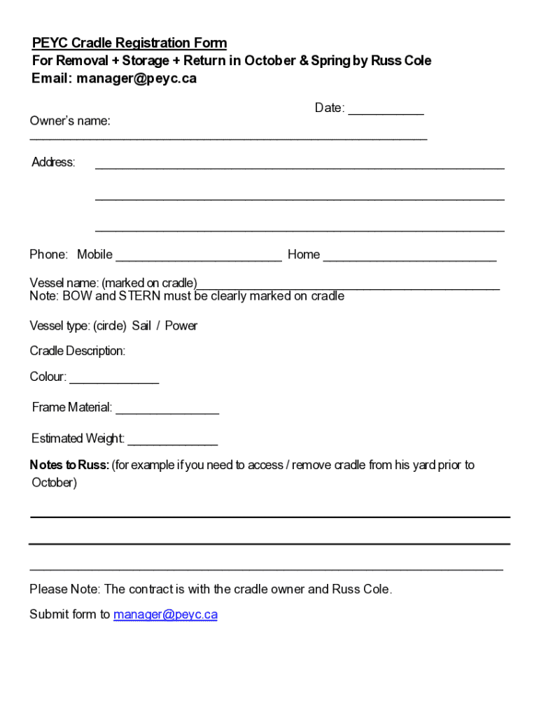 Fillable Online PEYC Cradle Registration Form For Removal + Storage ...
