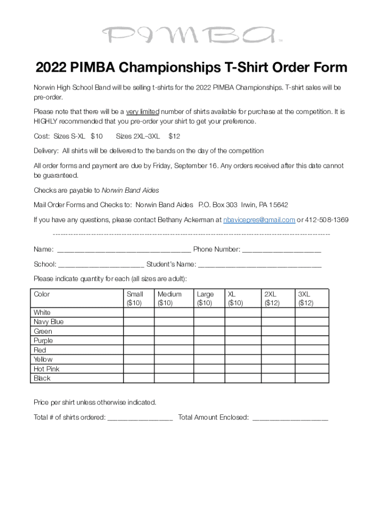 Fillable Online Order Form for 2022 Pimba Championships T-shirt Fax ...