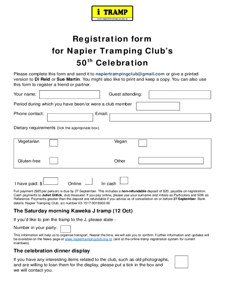 Fillable Online Registration form for Napier Tramping Club\'s 50th ... Fax Email Print - pdfFiller