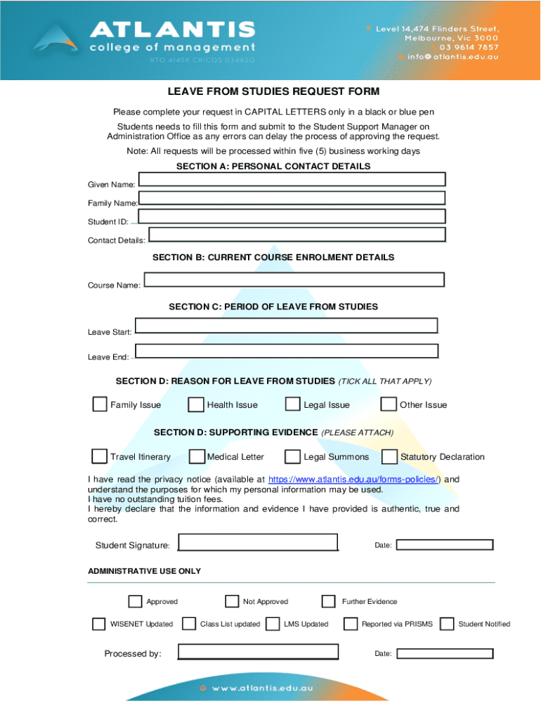 Fillable Online LEAVE FROM STUDIES REQUEST FORM Fax Email Print - pdfFiller