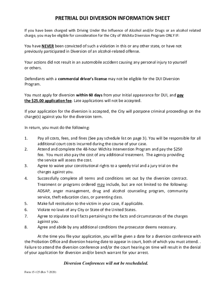 Fillable Online PRETRIAL DUI DIVERSION INFORMATION SHEET Fax Email ...