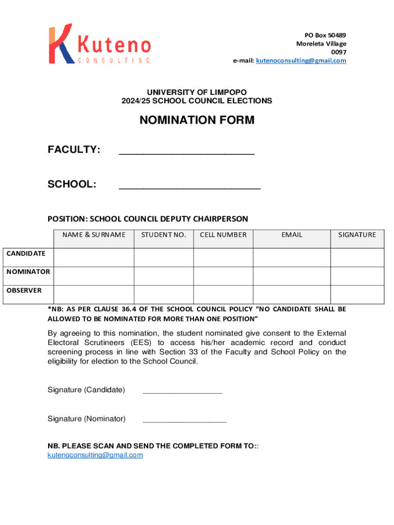 Fillable Online 2024/25 School Council Elections - Nomination Form Fax Email Print - pdfFiller