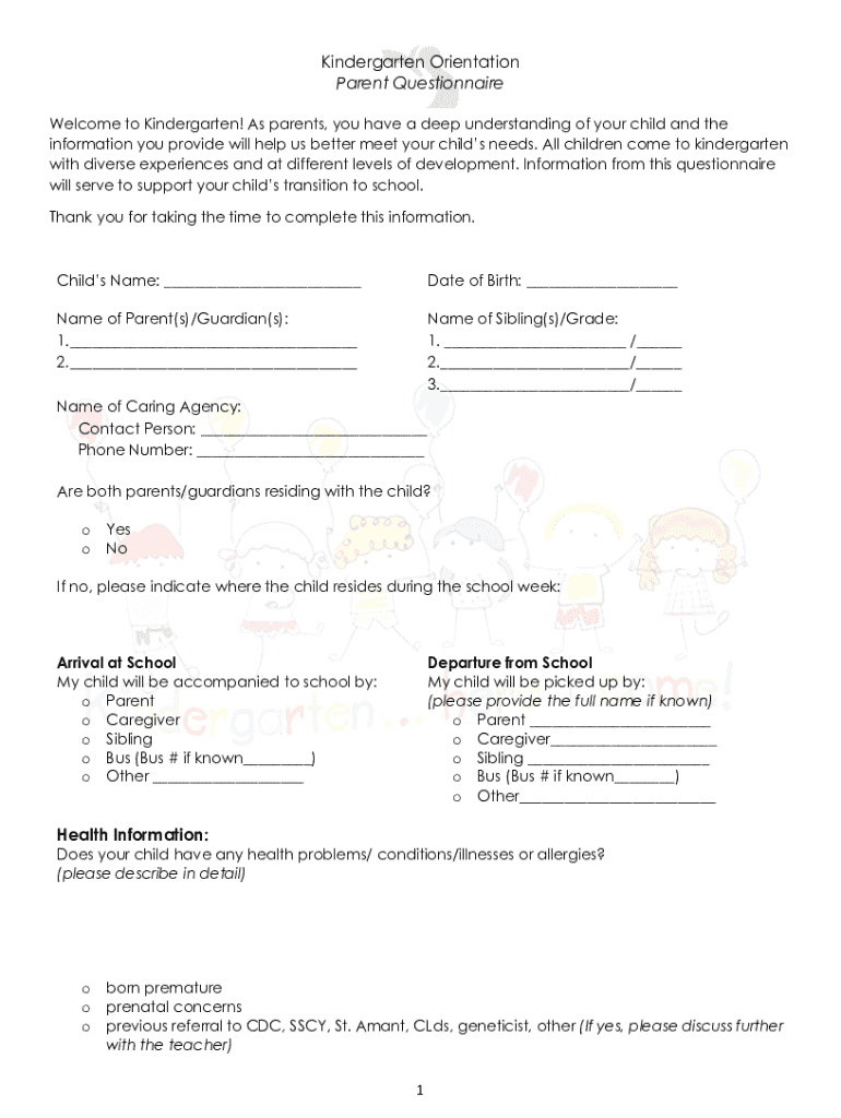 Fillable Online Kindergarten Orientation Parent Questionnaire Fax Email ...