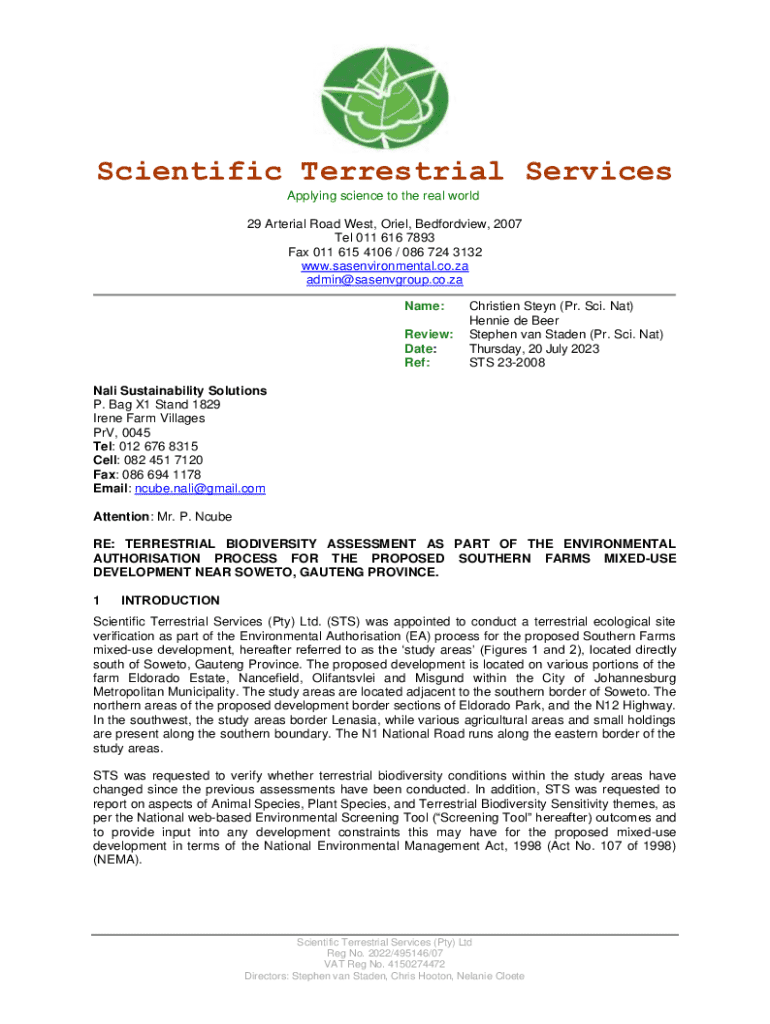 Fillable Online Terrestrial Biodiversity Assessment for Southern Farms ...