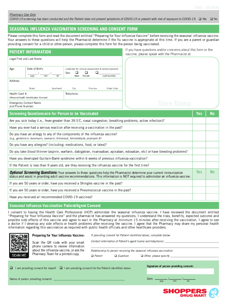 Fillable Online Seasonal Influenza Vaccination Screening and Consent ...