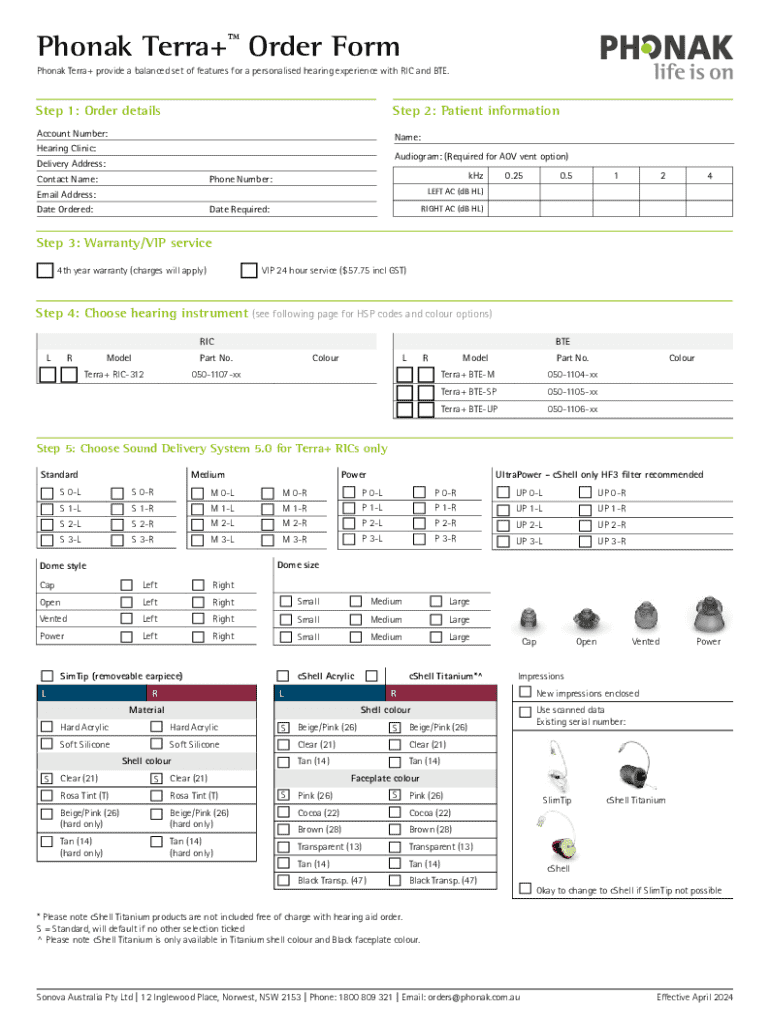 Fillable Online Order Form: Phonak Belong BTE & RIC Instruments Fax ...