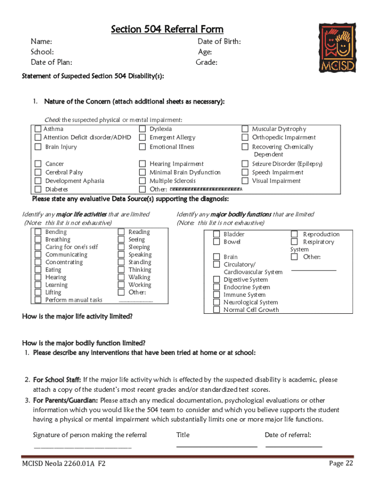 Fillable Online Statement of Suspected Section 504 Disability(s): Fax ...