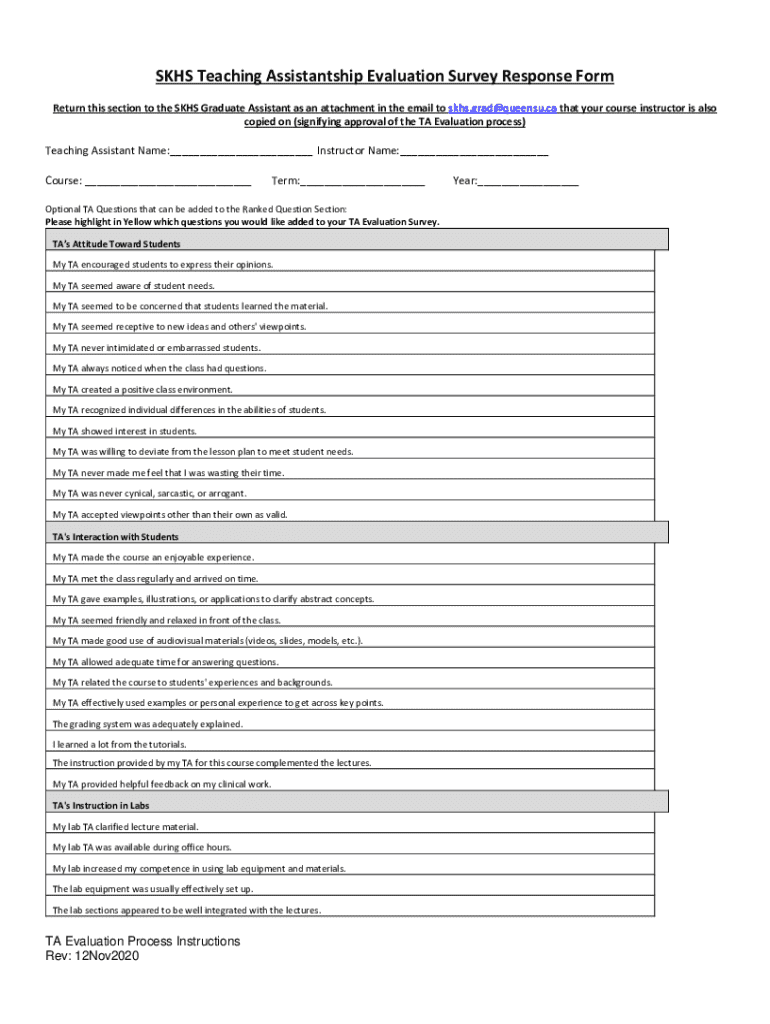 Fillable Online Teaching Assistant Evaluation Survey Fax Email Print - pdfFiller
