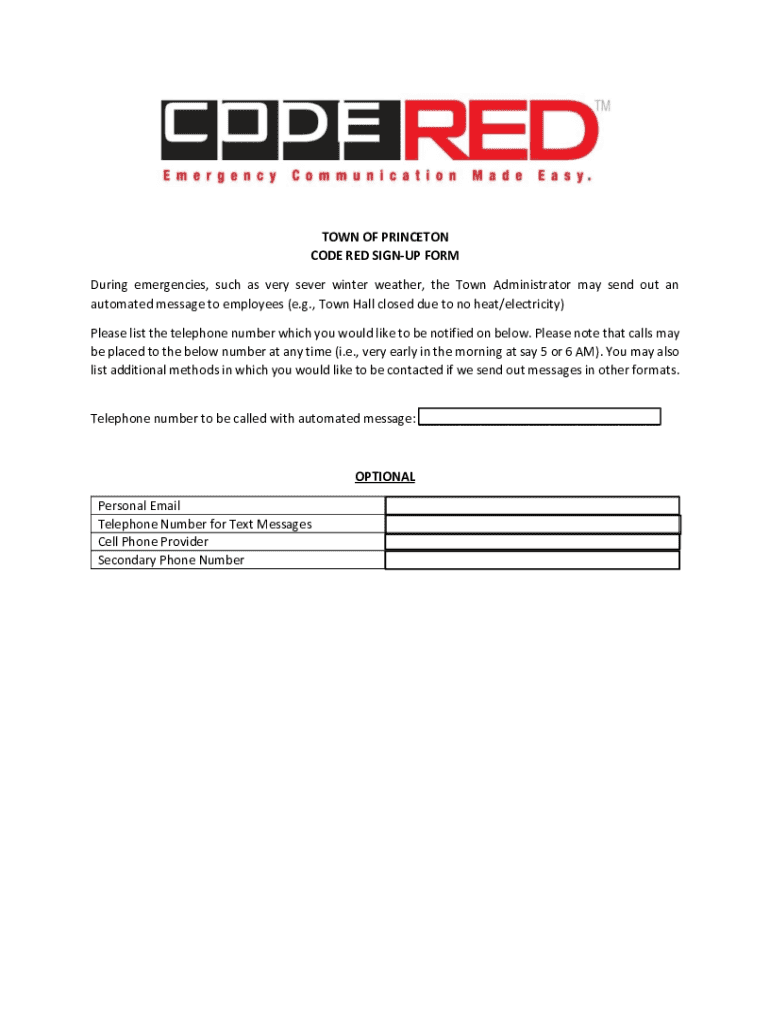 Fillable Online TOWN OF PRINCETON CODE RED SIGN-UP FORM During ... Fax ...