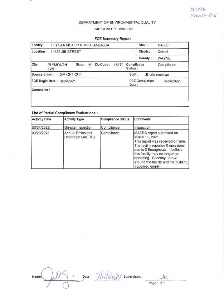 Fillable Online Fce Summary Report for Toyota Motor North America Fax ...