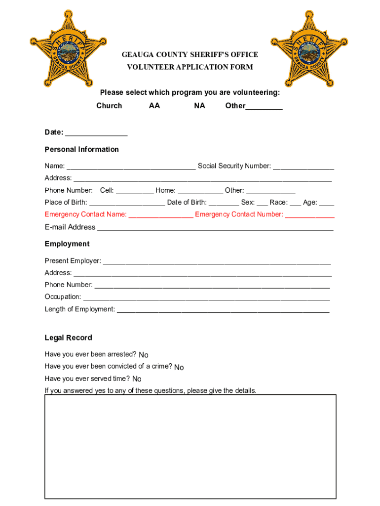 Fillable Online Geauga County Sheriff's Office Volunteer Application ...