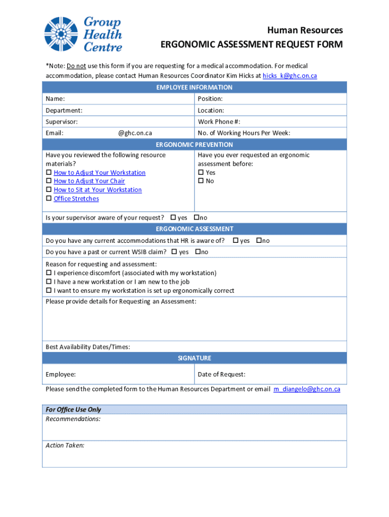 Fillable Online Human Resources ERGONOMIC ASSESSMENT REQUEST FORM Fax ...