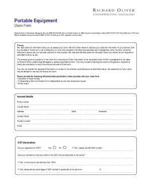 Fillable Online Claim Form for Portable Equipment Fax Email Print ...