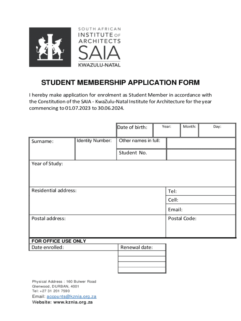 Fillable Online Saia Kwazulu-natal Institute for Architecture Student ...