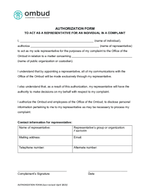 Fillable Online Authorization to Act as a Representative for an Individual in a Complaint Fax ...