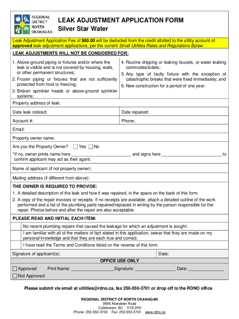 Fillable Online Leak Adjustment Application - Silver Star Water Fax ...