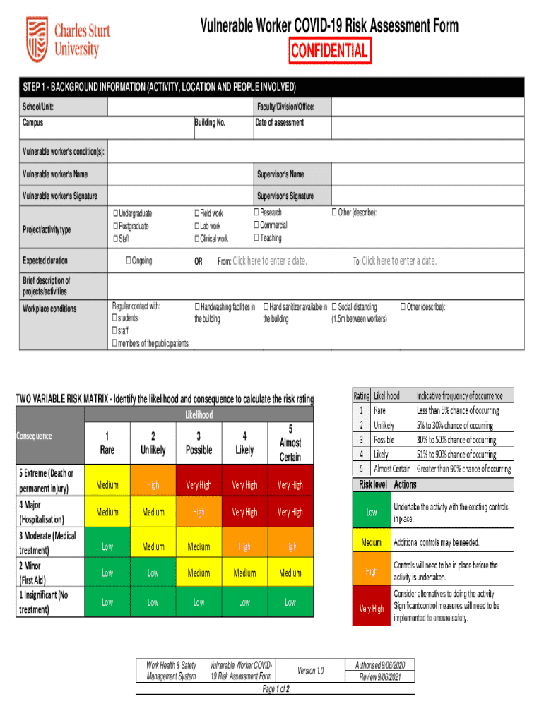 Fillable Online Vulnerable Worker COVID-19 Risk Assessment Form Fax ...