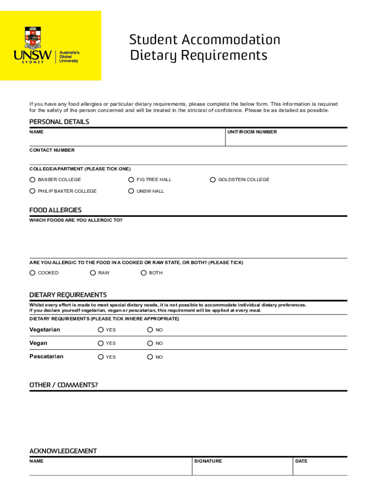 Fillable Online Dietary Requirements Submission Fax Email Print - pdfFiller
