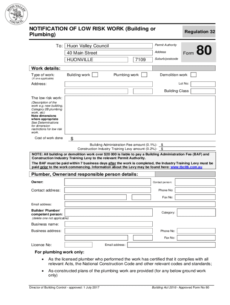 Fillable Online Notification of Low Risk Work (building or Plumbing ...