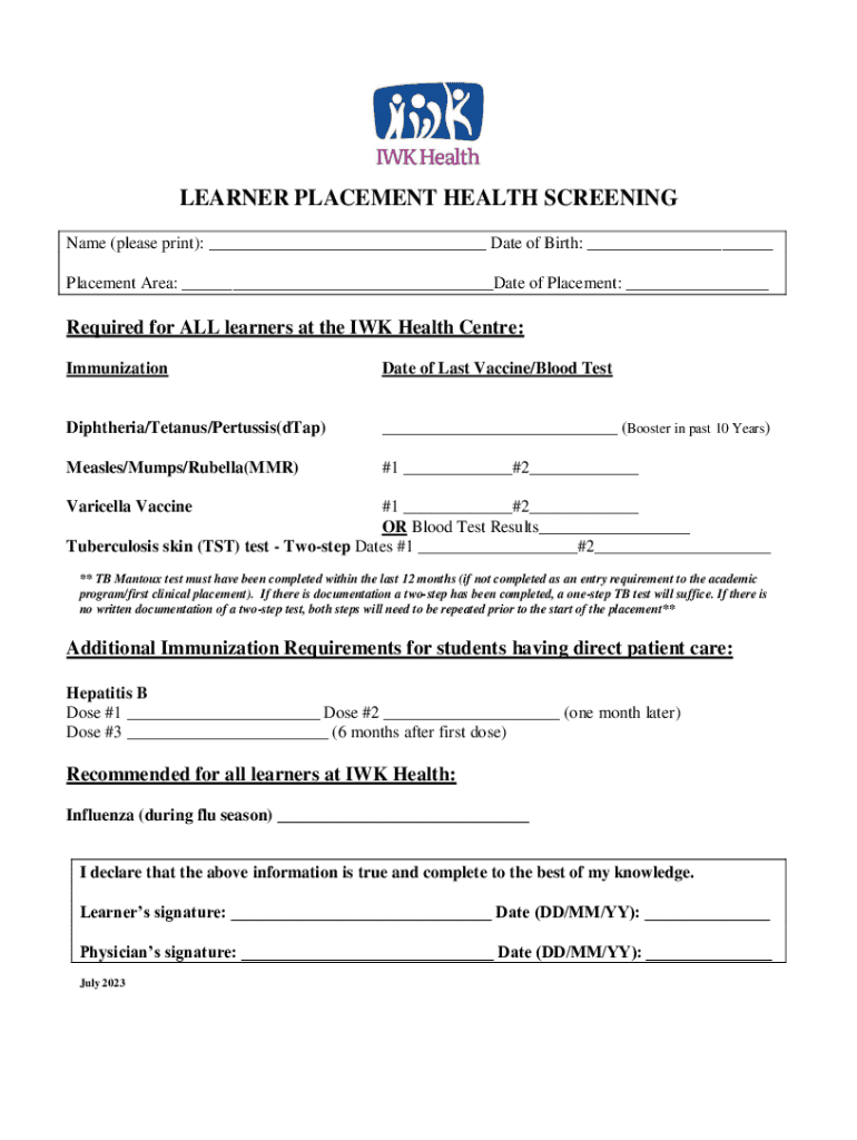 Fillable Online Learner Placement Health Screening Form Fax Email Print ...