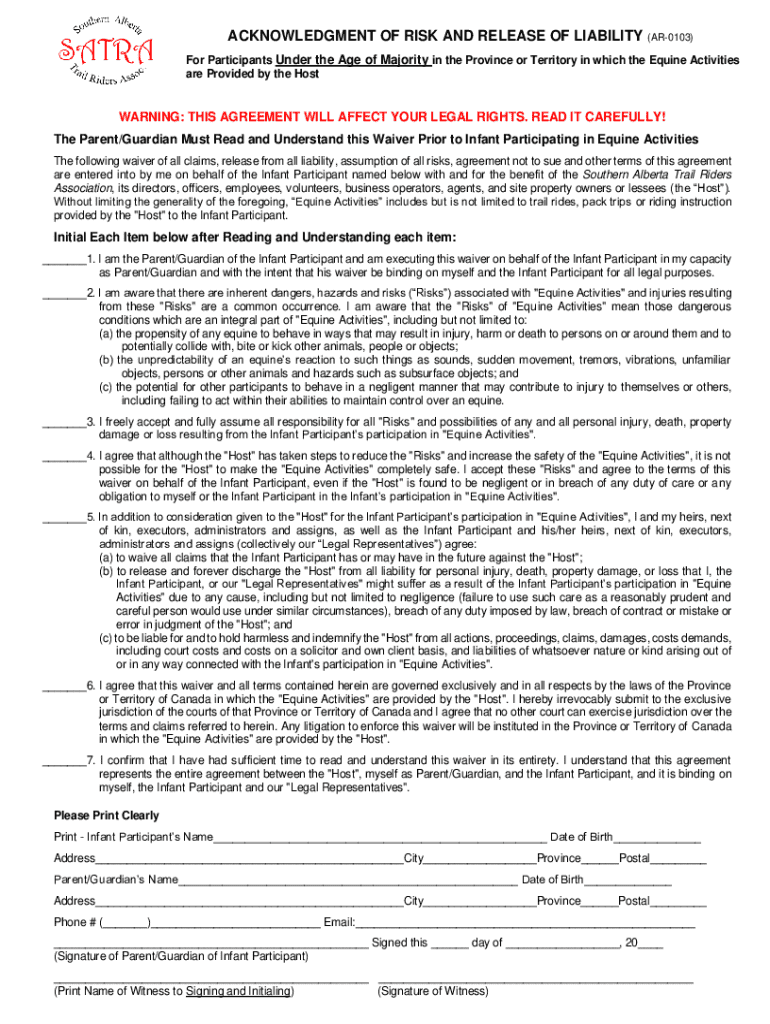 Fillable Online ACKNOWLEDGMENT OF RISK AND RELEASE OF LIABILITY ( ... Fax Email Print - pdfFiller