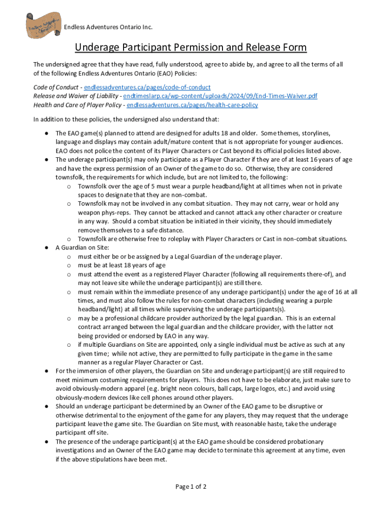 Fillable Online Underage Participant Permission and Release Form Fax ...